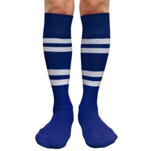 couver unisex white striped knee high softball/sports socks, blue, medium size, 1 pair