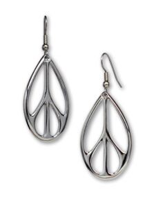 oval hippie peace sign dangle earrings silver finish pewter