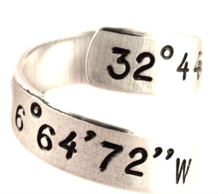 Latitude Longitude Coordinates Twist Ring - Adjustable Ring - Hand Stamped Ring