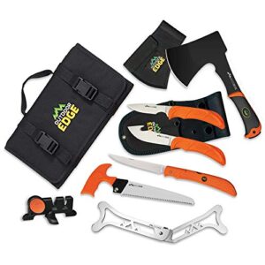 outdoor edge outfitter, 9-piece field to freezer hunting & game processing knife set with caping knife, gut-hook skinner, boning/fillet knife, sharpener, axe, wood/bone saw, spreader, gloves