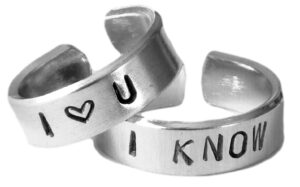 i love you - i know - a pair of han & leia heart hand stamped rings