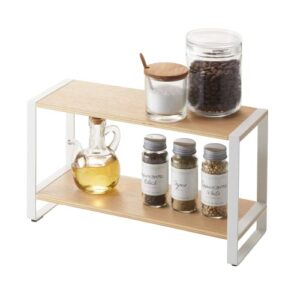 yamazaki home tosca kitchen rack - counter storage shelf organizer - steel + wood