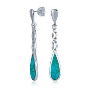 linear infinity spiral twist teardrop blue turquoise long dangle earrings western style for women teens .925 sterling silver