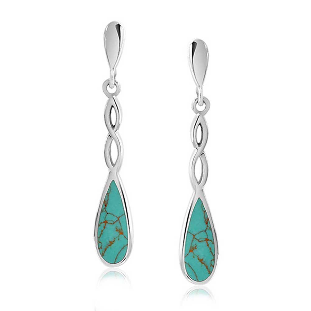 Linear Infinity Spiral Twist Teardrop Blue Turquoise Long Dangle Earrings Western Style For Women Teens .925 Sterling Silver