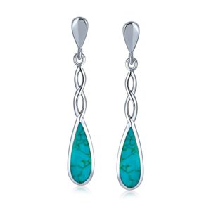 Linear Infinity Spiral Twist Teardrop Blue Turquoise Long Dangle Earrings Western Style For Women Teens .925 Sterling Silver