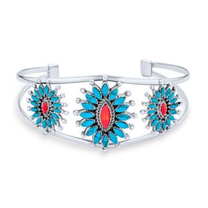 personalize south western navajo style orange red coral blue turquoise zuni needlepoint jewelry flower blossom wide cuff bracelet for women .925 sterling silver customizable