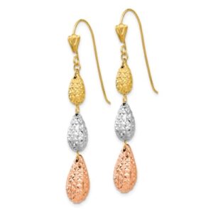 14k tri color gold teardrop drop dangle earrings