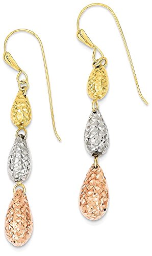 14K Tri Color Gold Teardrop Drop Dangle Earrings