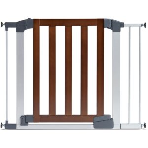 munchkin® auto close modern™ pressure mounted baby gate for stairs, hallways and doors, walk through with door, 2 x 40.5 x 29 inches, dark wood and silver metal