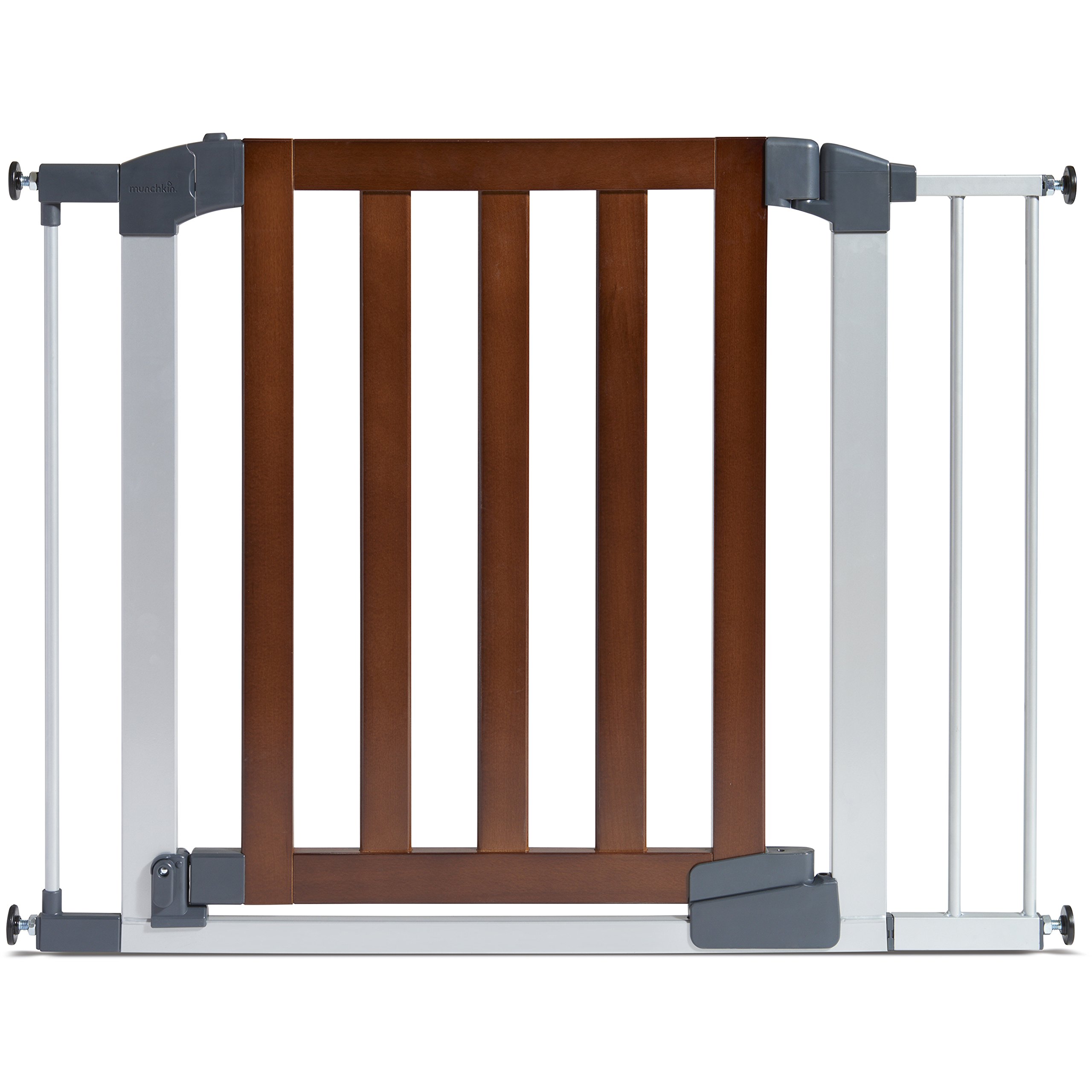 Munchkin® Auto Close Modern™ Pressure Mounted Baby Gate for Stairs, Hallways and Doors, Walk Through with Door, 2 x 40.5 x 29 inches, Dark Wood and Silver Metal