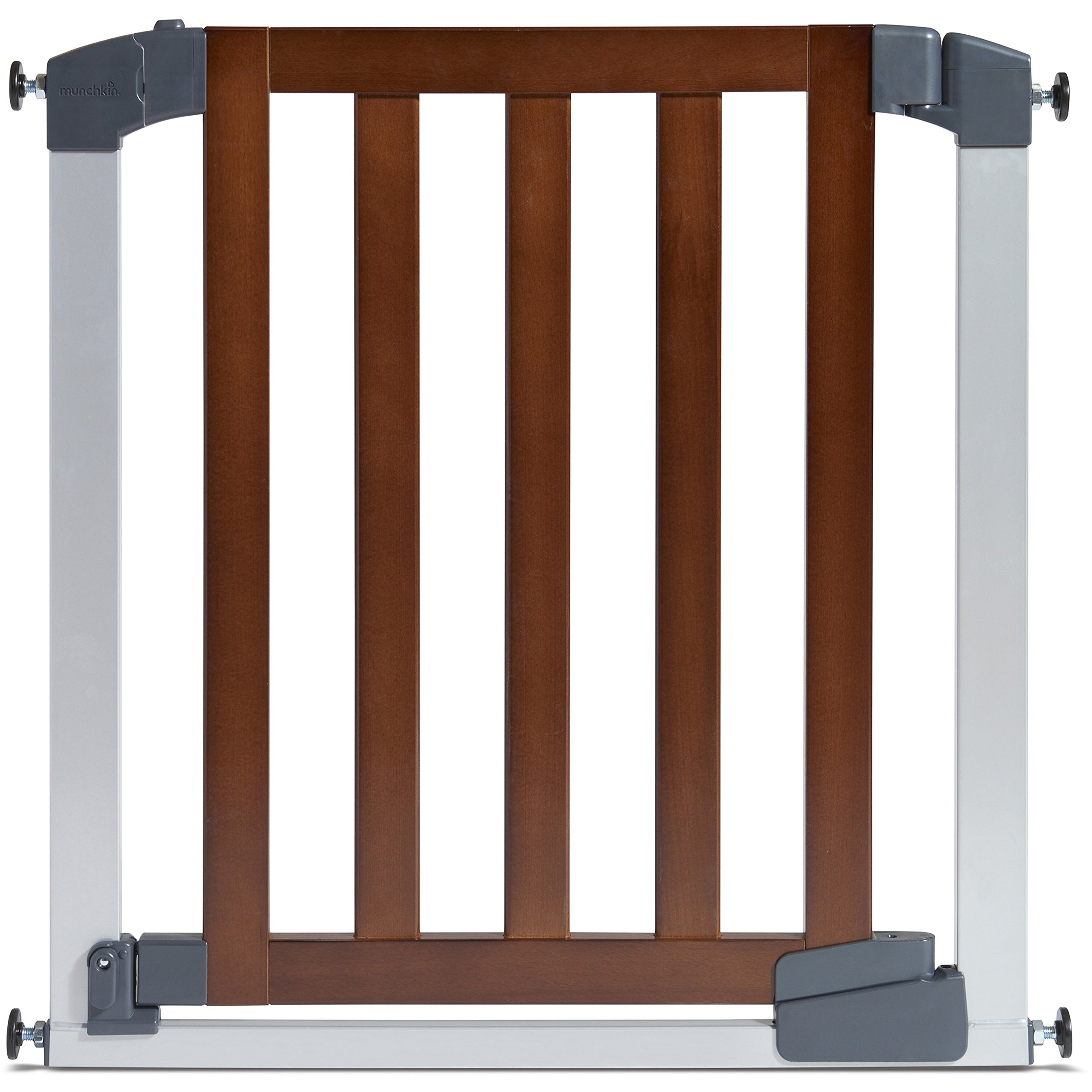 Munchkin® Auto Close Modern™ Pressure Mounted Baby Gate for Stairs, Hallways and Doors, Walk Through with Door, 2 x 40.5 x 29 inches, Dark Wood and Silver Metal