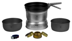 trangia - 25-9 ultralight hard anodized camping cookset | includes: alcohol stove, 2 ha pots, non-stick frypan, upper & lower windshield, pot gripper, & strap