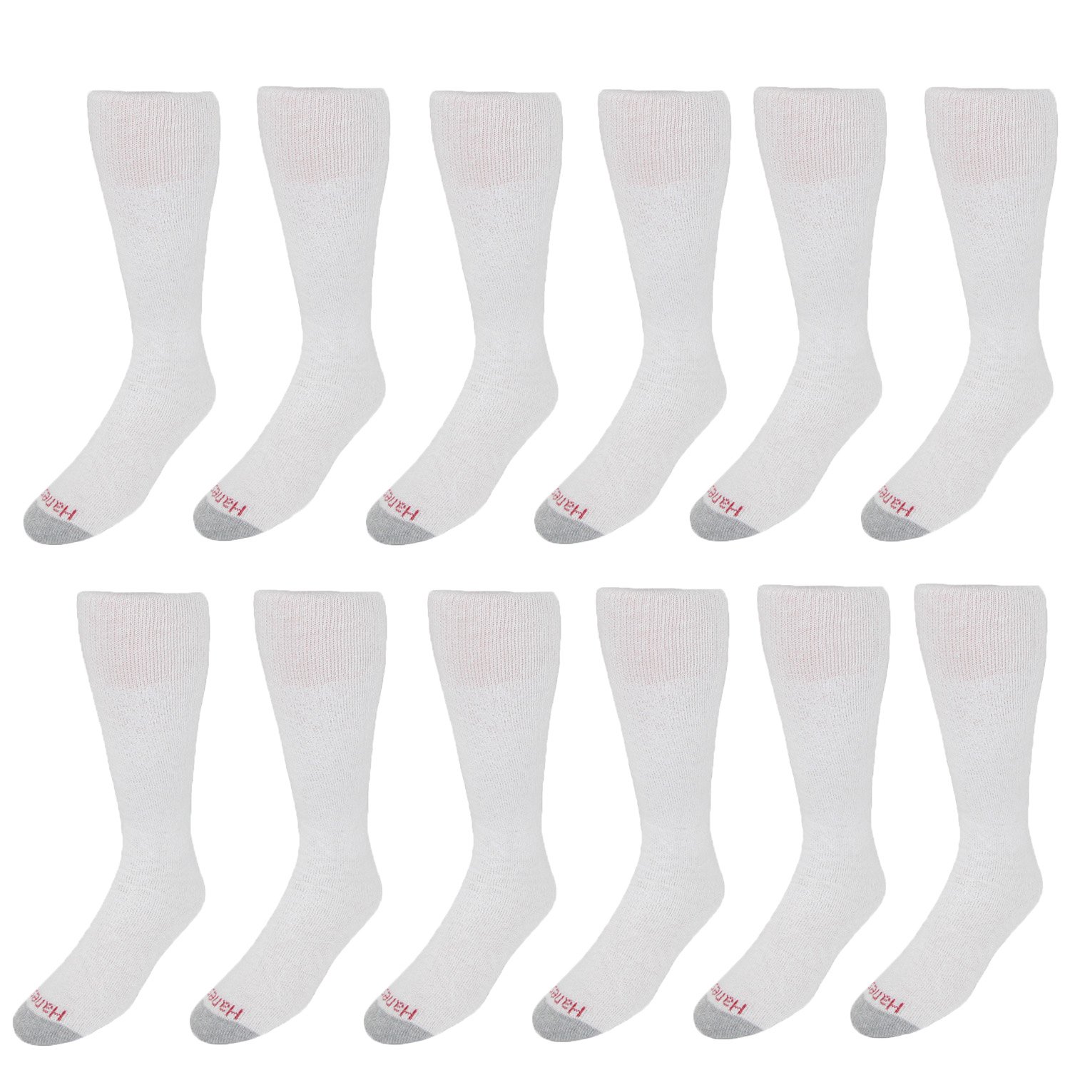 Hanes mens Double Tough Over the Calf Tube Sock, 12-pair Pack athletic socks, White/ Grey Toe , Shoe size 6-12