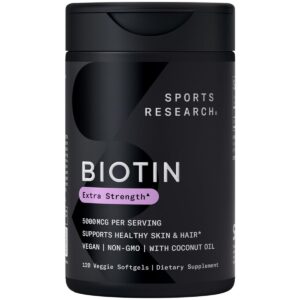 sports research vegan biotin 5000mcg with organic coconut oil - extra strength biotin vitamin b7 for healthier hair & skin + keratin support - non-gmo & gluten free, 120 softgels (4 month supply)