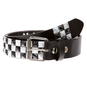 snap on 1 1/2" white & black checkerboard punk rock studded belt, l 36"-38"