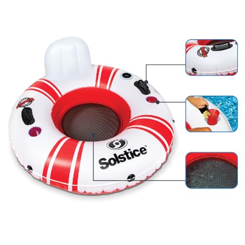 Solstice Super Chill Inflatable River Raft Float Tube 1 Person with Molded Cupholders, Mesh Bottom, Backrest, Grab Handles Tie On Rope | for Rivers Lake Ocean Pool Floating Snow Heavy Duty Material