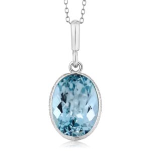 gem stone king 925 sterling silver blue topaz pendant necklace for women | 7.00 cttw | gemstone birthstone | 14x10mm oval shape | with 18 inch silver chain