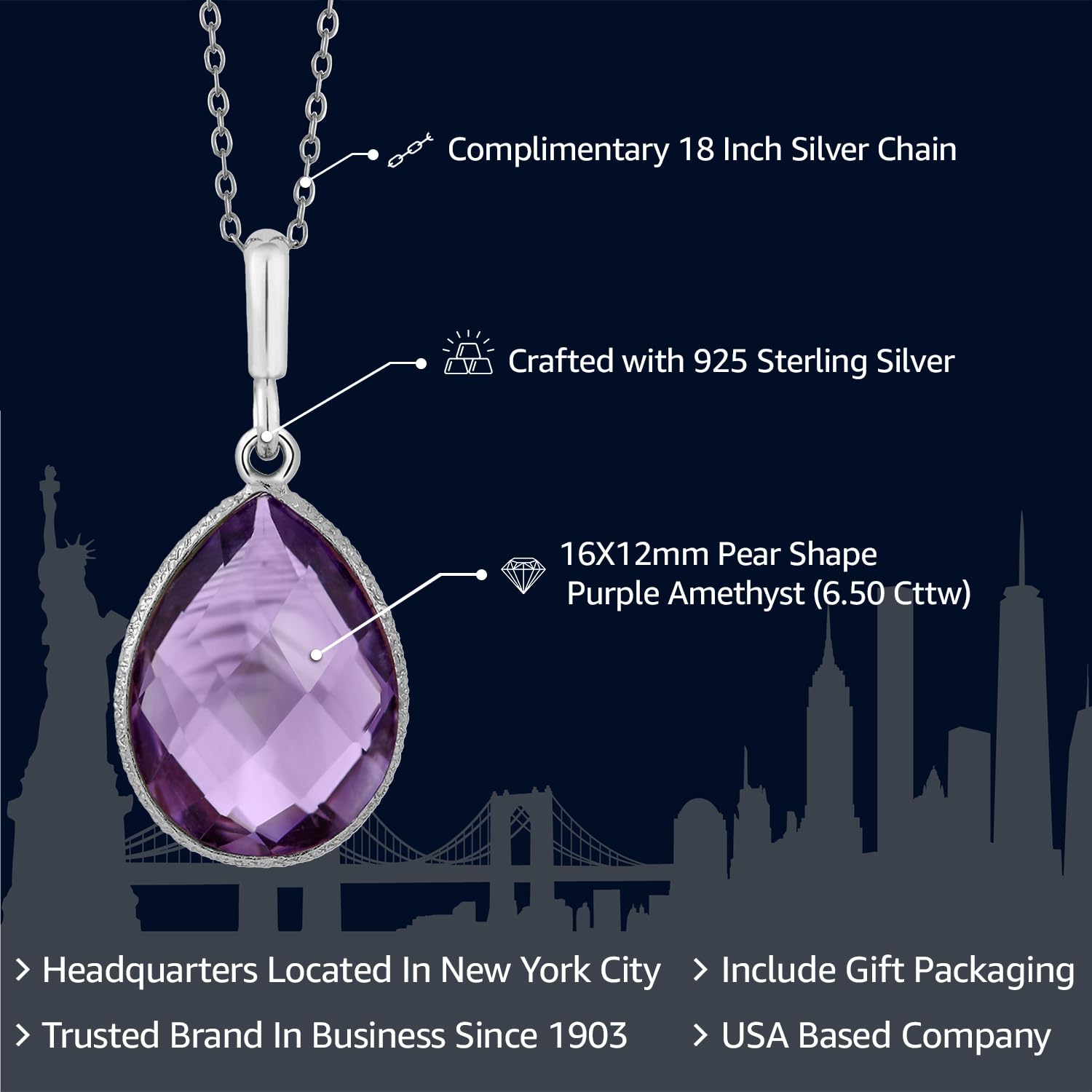 Gem Stone King 925 Sterling Silver Amethyst Teardrop Pendant Necklace For Women | 6.50 Cttw | Pear Shape 16X12MM | Gemstone Birthstone | With 18 Inch Silver Chain)