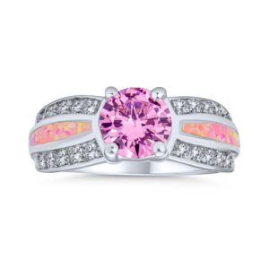 bling jewelry personalize unique pink aaa cz round brilliant cut solitaire engagement ring for women .925 sterling silver created opal inlay wide band customizable