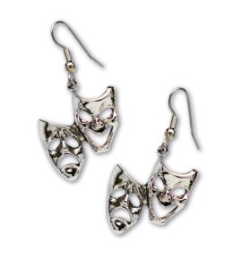 comedy tragedy masks for drama theater and actors silver finish pewter dangle earrings