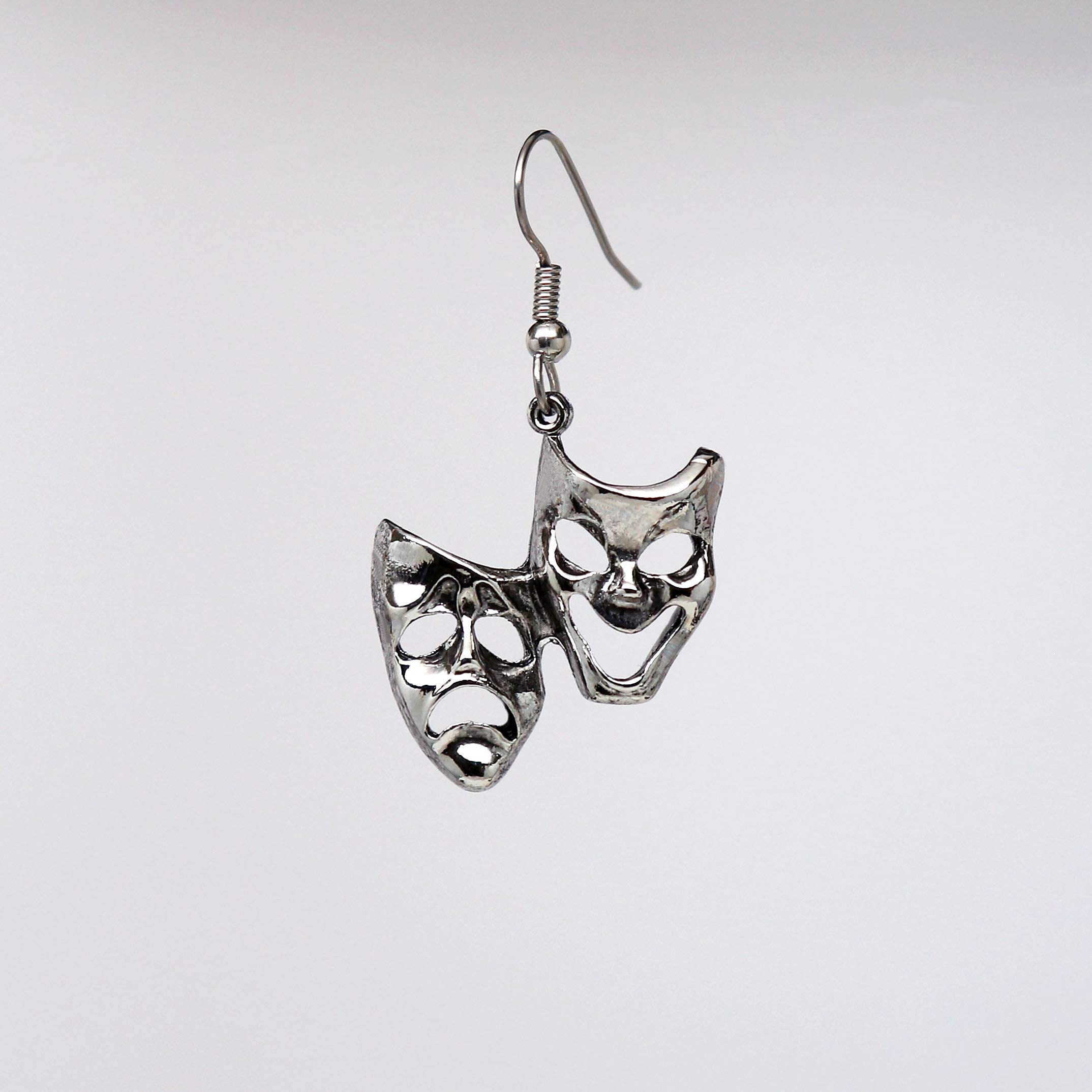 Comedy Tragedy Masks for Drama Theater and Actors Silver Finish Pewter Dangle Earrings