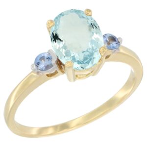 14k yellow gold natural aquamarine ring oval 9x7 mm light blue sapphire accent, size 5