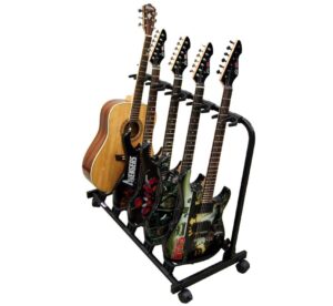 american sound connection 5 guitar rolling cart stand pro audio stage, studio or display rubber divider electric or acoustic guitar holder