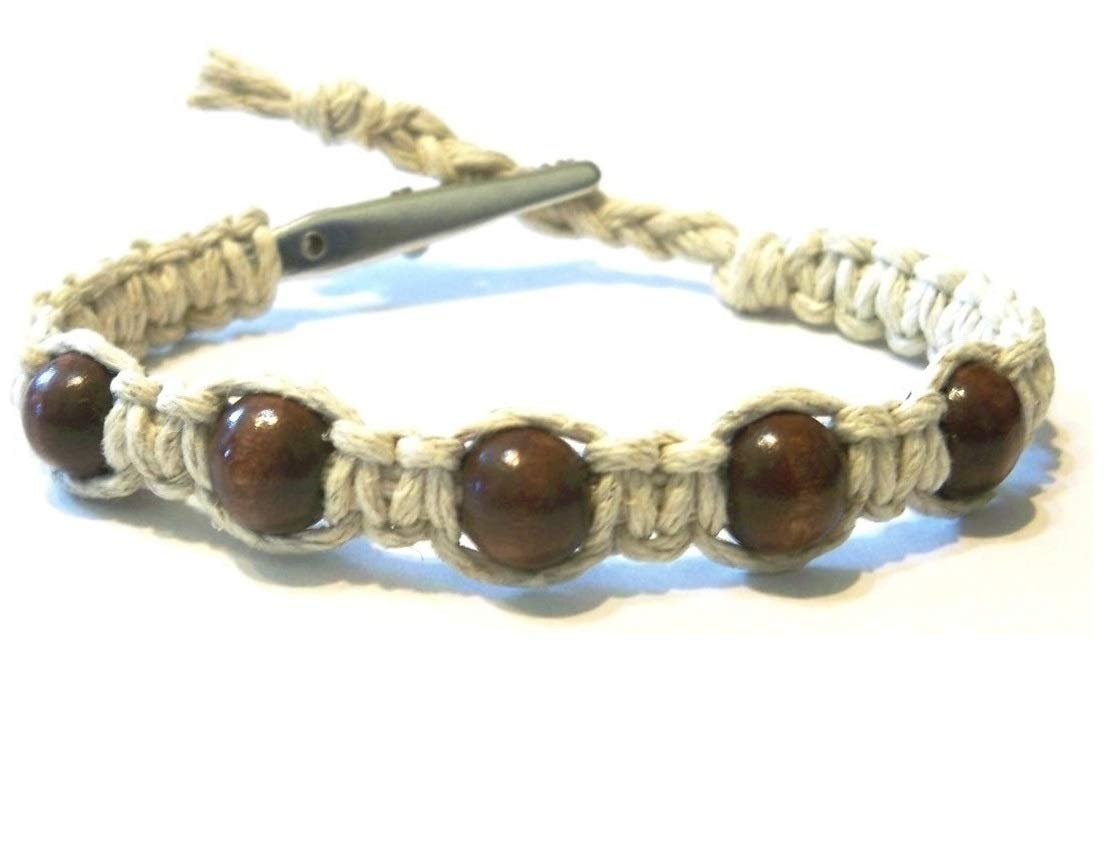 Hempnotic Jewelry Brown Wood Beaded Adjustable Alligator Clip Hemp Bracelet - Handmade