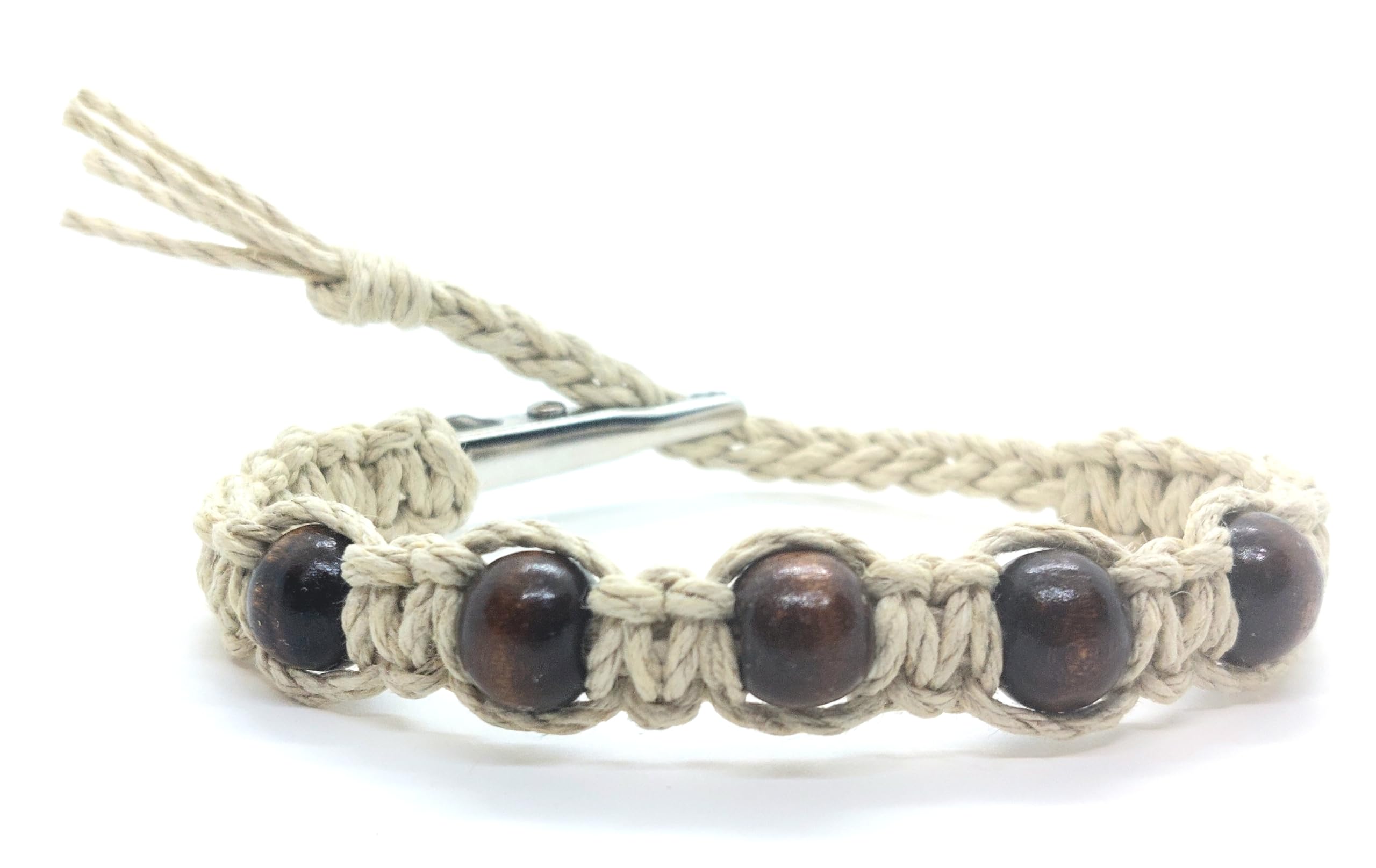 Hempnotic Jewelry Brown Wood Beaded Adjustable Alligator Clip Hemp Bracelet - Handmade