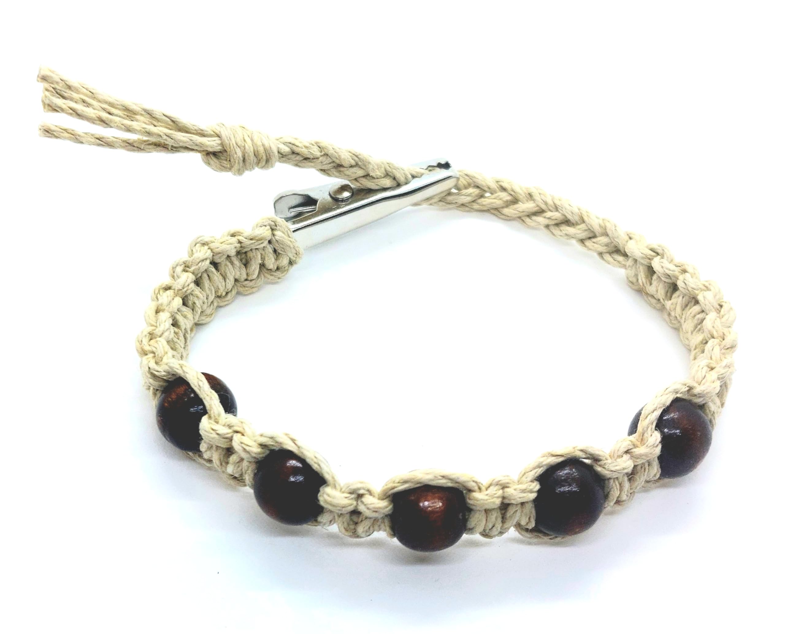 Hempnotic Jewelry Brown Wood Beaded Adjustable Alligator Clip Hemp Bracelet - Handmade