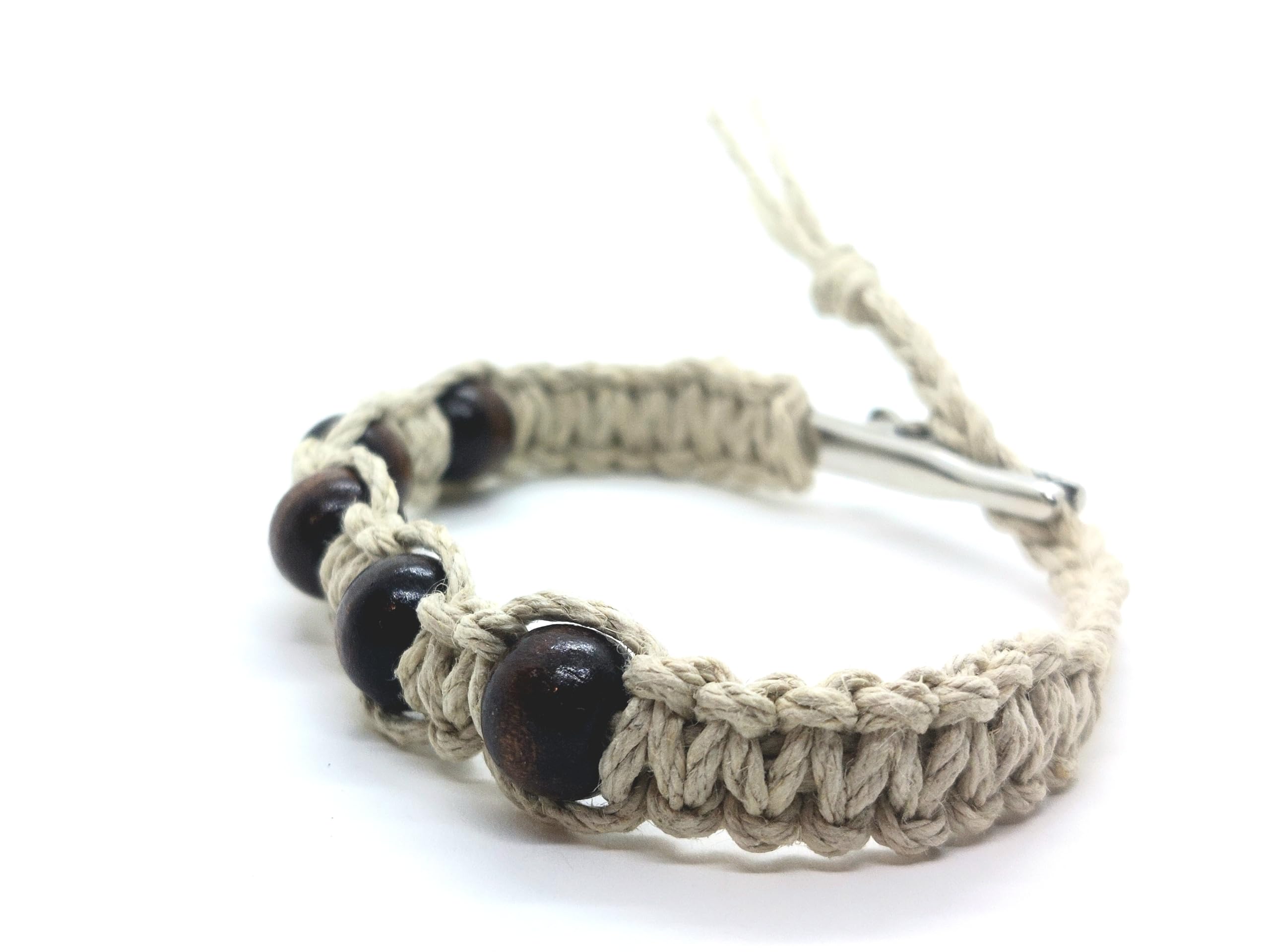 Hempnotic Jewelry Brown Wood Beaded Adjustable Alligator Clip Hemp Bracelet - Handmade