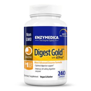 enzymedica digest gold + atpro, maximum strength enzyme formula, prevents bloating and gas, 14 key enzymes including amylase, protease, lipase and lactase, 240 capsules