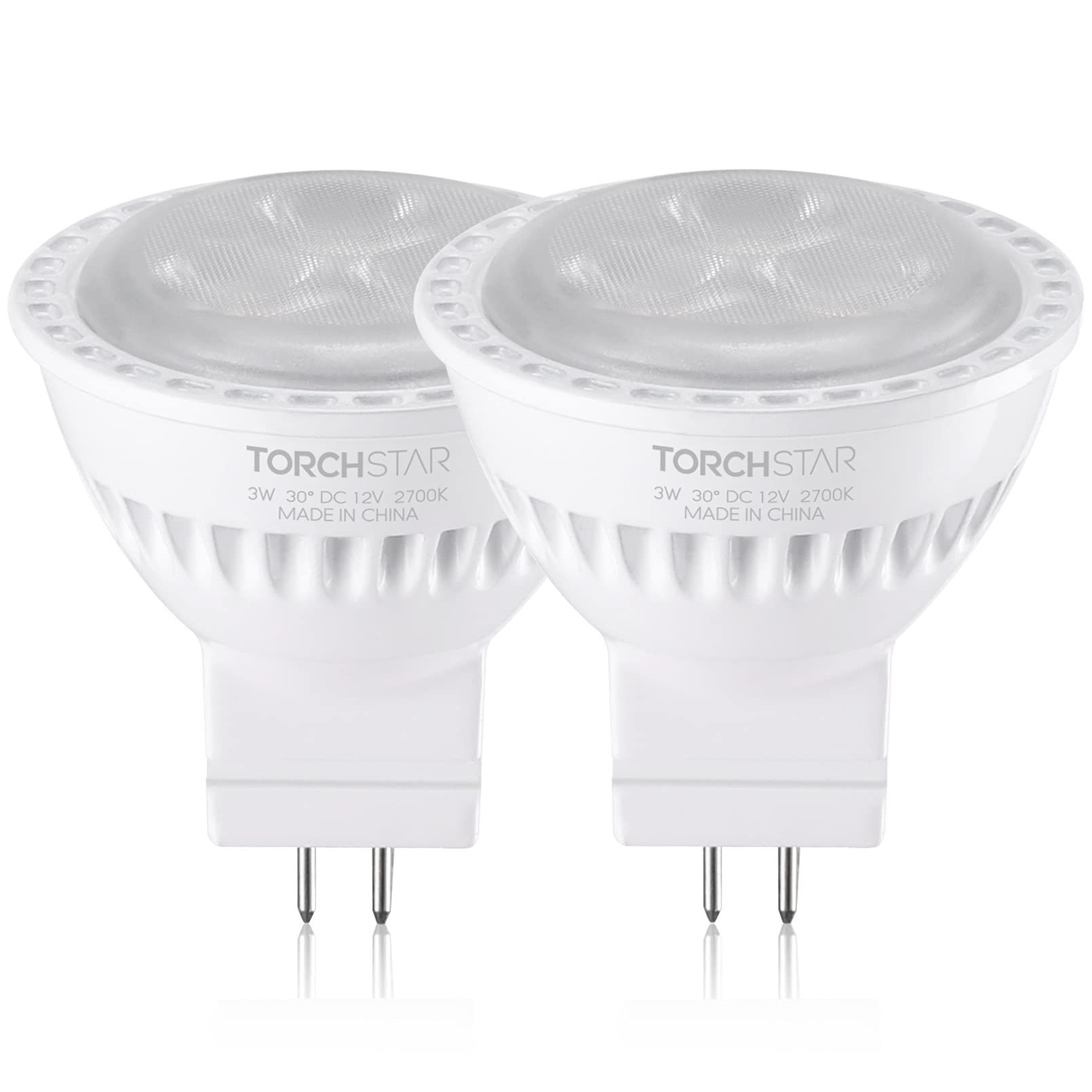 TORCHSTAR LED MR11 Bulbs, 25W Halogen Equivalent, 3W 2700K Soft White, Non-Dimmable, Outdoor Landscape Lighting Bulb, GU4 Base Spotlights, AC/DC 12V Low Voltage Recessed Track lights, Pack of 2