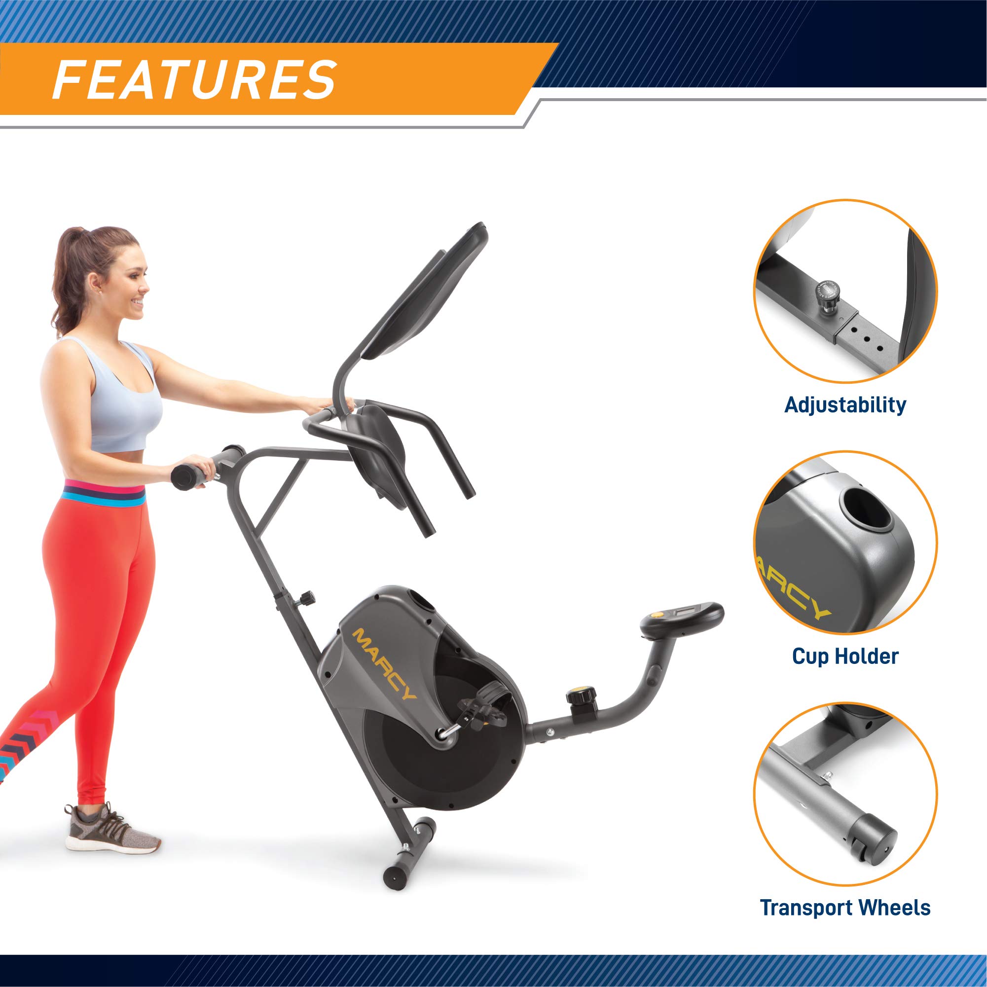 Marcy Magnetic Recumbent Bike with Adjustable Resistance and Transport Wheels NS-716R, 11.00 x 22.00 x 31.00"