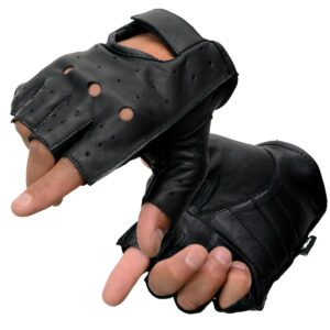 milwaukee leather sh195 men's black leather perforated gel padded palm fingerless motorcycle hand gloves w/ ‘open knuckle’ - x-large