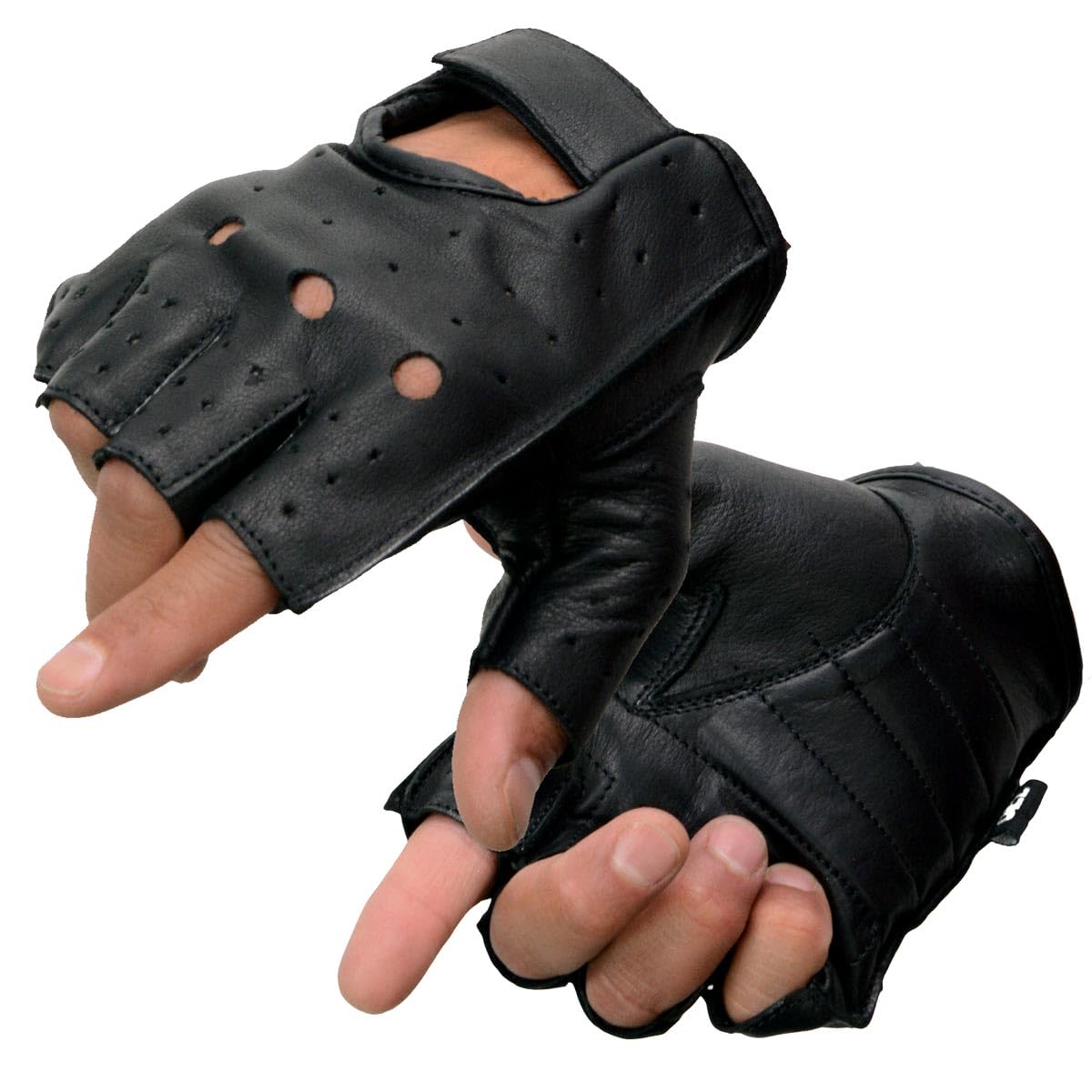 Milwaukee Leather SH195 Men's Black Leather Perforated Gel Padded Palm Fingerless Motorcycle Hand Gloves W/ ‘Open Knuckle’ - X-Large