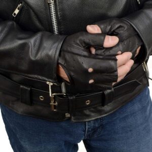 Milwaukee Leather SH195 Men's Black Leather Perforated Gel Padded Palm Fingerless Motorcycle Hand Gloves W/ ‘Open Knuckle’ - X-Large