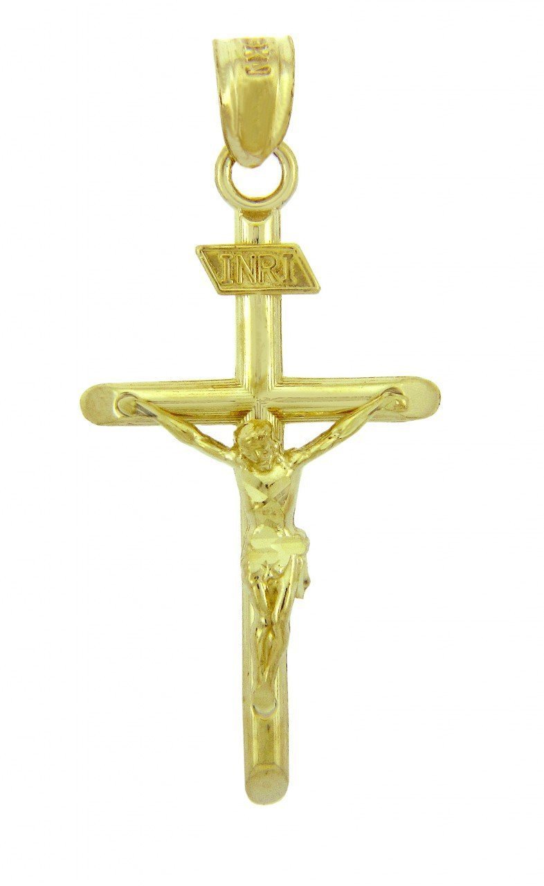 Solid 14k Yellow Gold Cross Charm INRI Crucifix Pendant