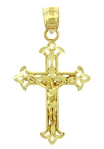 14k yellow gold 1-1/4" fleur de lis openwork crucifix charm pendant religious jewelry