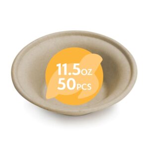 100% compostable paper bowls (11.5oz, pack of 50) soup bowls, pasta bowls, cereal, salad, ice cream, disposable bamboo small bowls, biodegradable, unbleached by earth's natural alternative