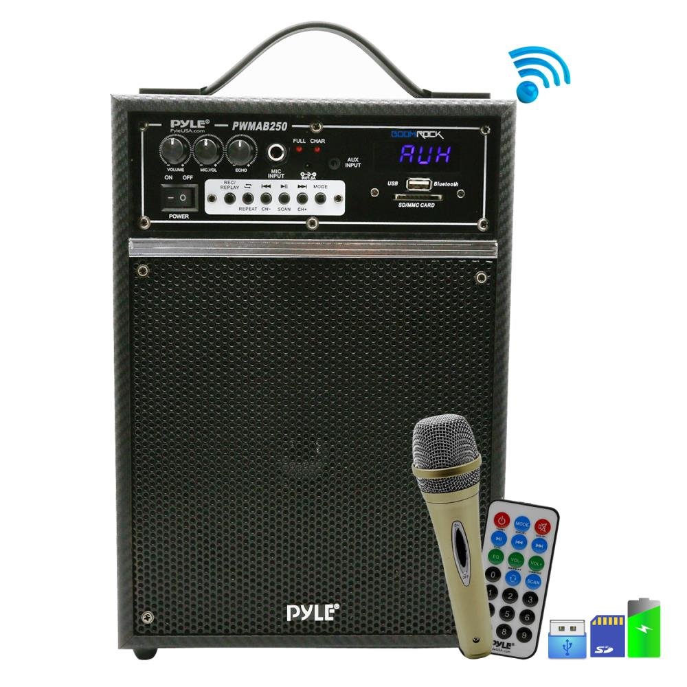 Pyle 300 Watt Outdoor Indoor Wireless Bluetooth Portable PA Speaker 6.5 inch Subwoofer Sound System with USB SD Card Reader, Rechargeable Battery, Wired Microphone, FM Radio, Remote - PWMAB250BK