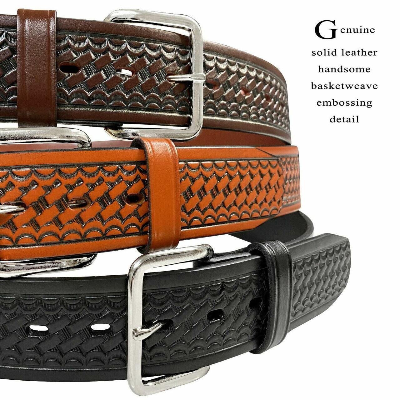 Utility Uniform Work Belt w/Simple Single Prong Buckle One Piece Full Grain Leather Basketweave Embossed Belt 1-3/4"(45mm) Wide (Black, 40)