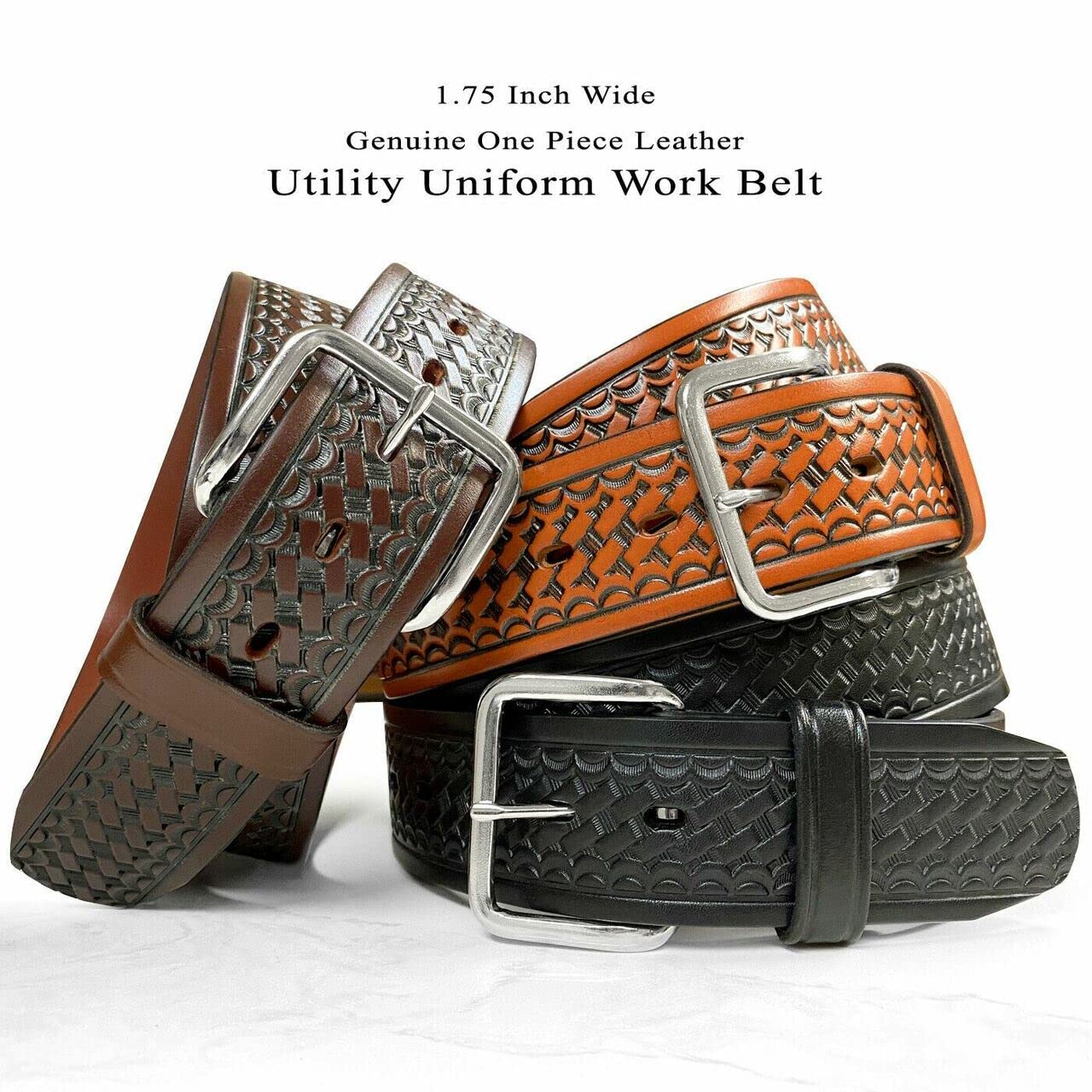 Utility Uniform Work Belt w/Simple Single Prong Buckle One Piece Full Grain Leather Basketweave Embossed Belt 1-3/4"(45mm) Wide (Black, 40)