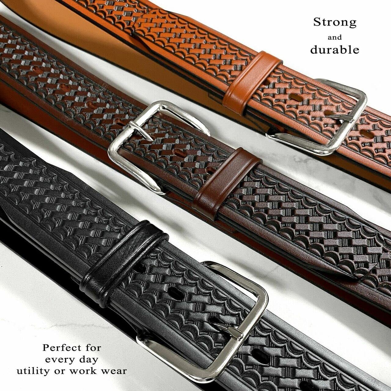 Utility Uniform Work Belt w/Simple Single Prong Buckle One Piece Full Grain Leather Basketweave Embossed Belt 1-3/4"(45mm) Wide (Black, 40)