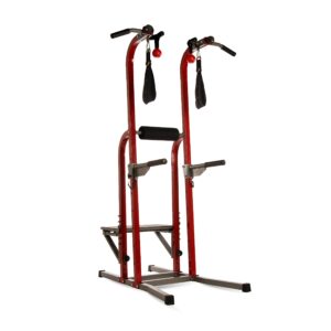 stamina x fortress power tower with plyo box - dip bar pull up bar station with smart workout app - dip bars for home workout - up to 250 lbs weight capacity - red