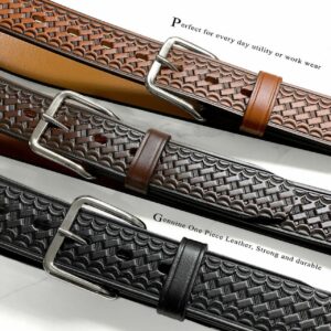 Utility Uniform Work Belt w/Simple Single Prong Buckle One Piece Full Grain Leather Basketweave Embossed Belt 1-1/2"(38mm) Wide (Black, 36)