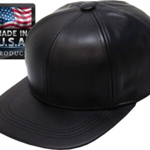 KBETHOS Leather-BBCAP BLK Genuine Leather Flat Bill Baseball Hat Cap - Made in USA