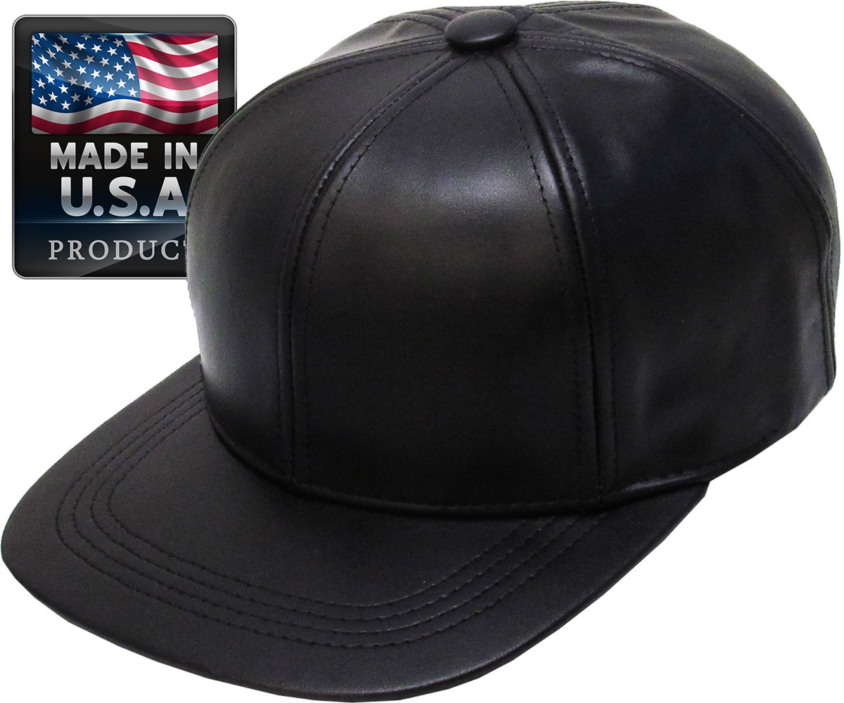 KBETHOS Leather-BBCAP BLK Genuine Leather Flat Bill Baseball Hat Cap - Made in USA