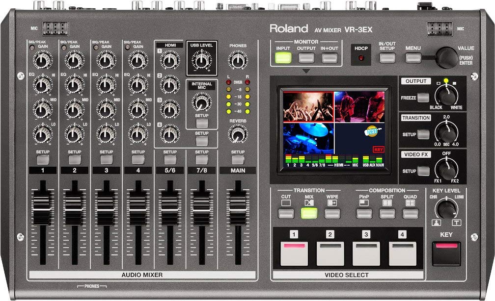 Roland VR-3EX All-in-one AV Mixer with Built-in USB Port for Web Streaming and Recording, 2.5" Multiview Touchscreen Monitor, Standard Definition 16:9 Mixing Engine, Scalers on Channel 4 and Output