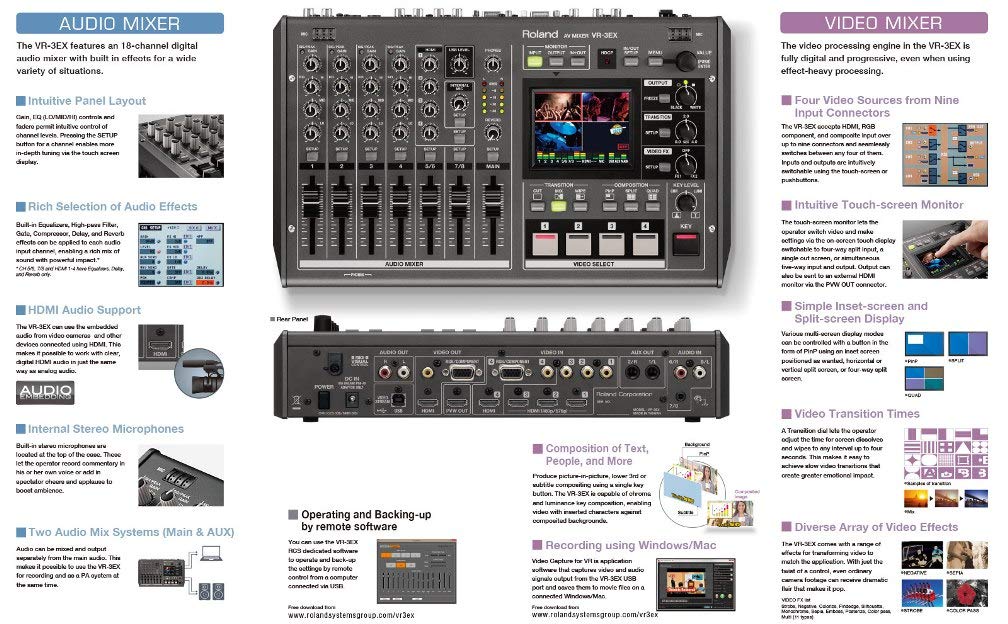 Roland VR-3EX All-in-one AV Mixer with Built-in USB Port for Web Streaming and Recording, 2.5" Multiview Touchscreen Monitor, Standard Definition 16:9 Mixing Engine, Scalers on Channel 4 and Output